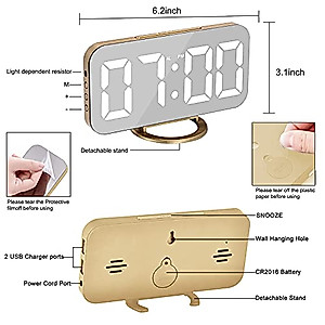 Digital Alarm Clock,6" Large LED Display with Dual USB Charger Ports | Auto Dimmer Mode | Easy Snooze Function, Modern Mirror Desk Wall Clock for Bedroom Home Office for All People (Gold)
