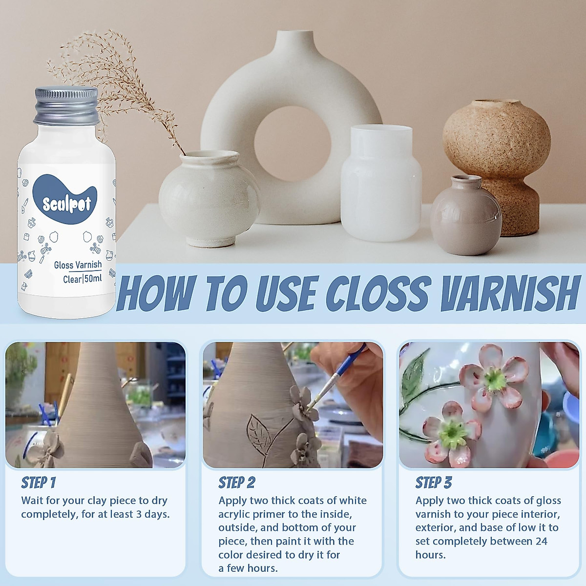 1DFAUL Air Dry Clay Varnish,50ml Gloss Finish Glaze for Air Dry Clay, Clay Paint for Pottery Air Dry, High Gloss & Scratch Resistant & Waterproof, Design for Air Dry Clay Pottery (Gloss Varnish)