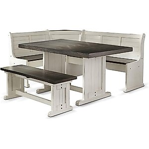 Pemberly Row Farmhouse Wood Kitchen Corner Breakfast Dining Nook Set with Hidden Storage in Off White Dark Brown