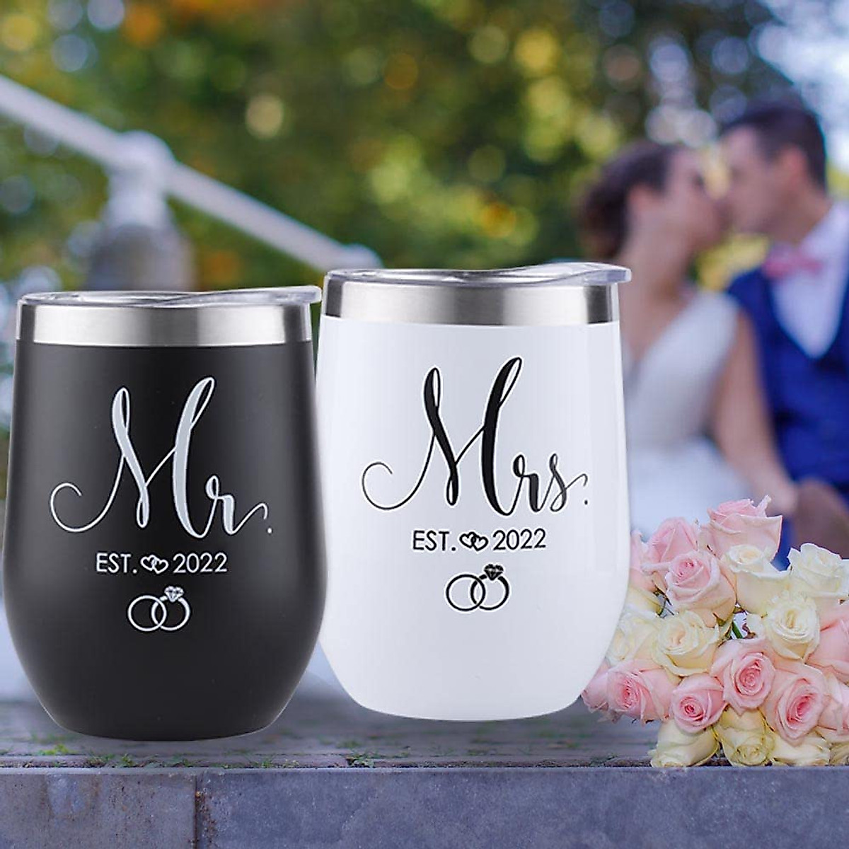 Sparkle Moment Mr and Mrs Est 2022 Wedding Gift Set -12 oz Stainless Steel Wine Tumbler/Cup/Mug/ Bridal Shower/Bride to be/Engagement/Bachelorette Party for Newlyweds Couples (12 oz, Black & White)