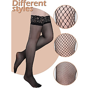Bencailor 4 Pairs Fishnet Thigh High Stocking for Women Silicone Lace Top Sheer Over Knee Silky Stockings(Black,Large)