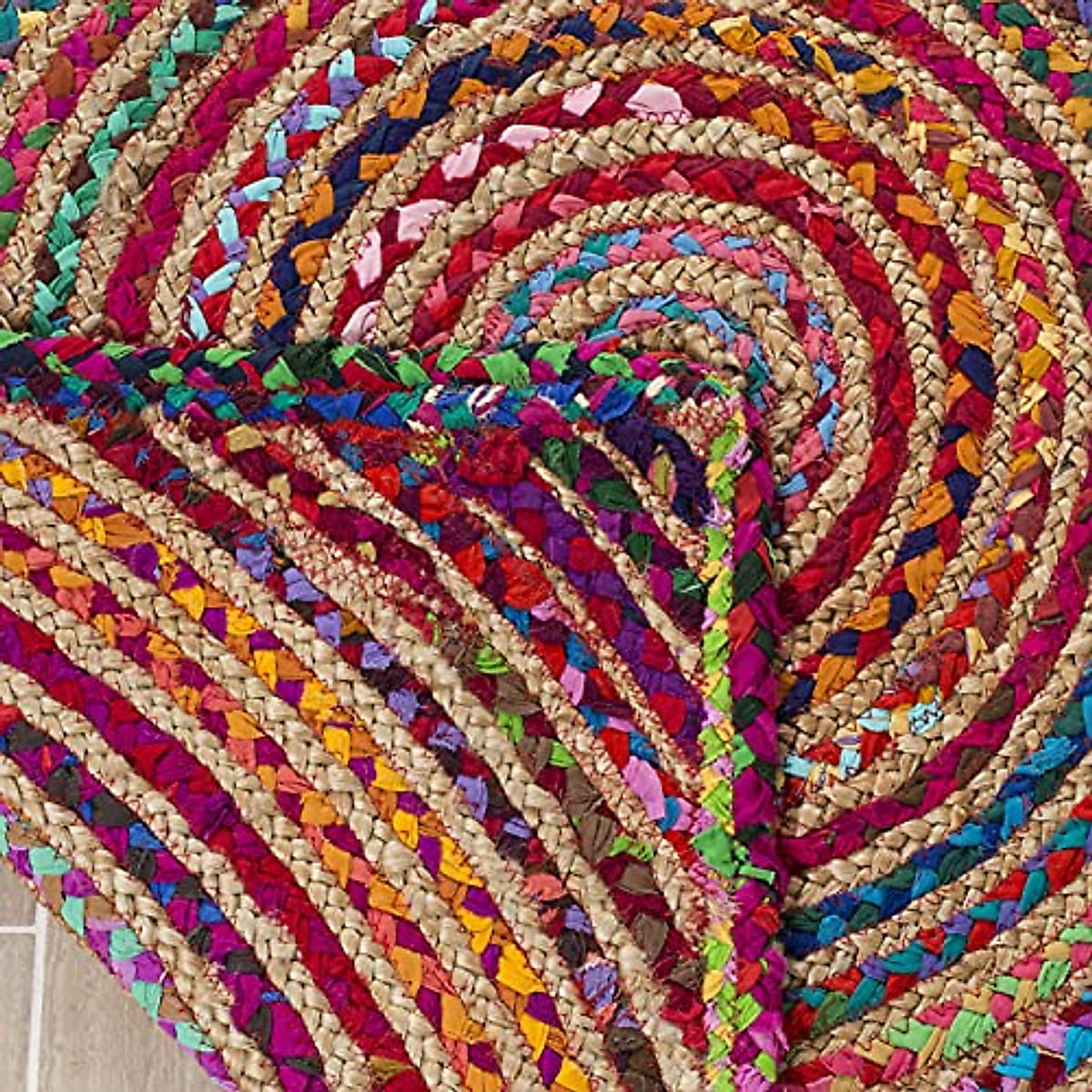 SAFAVIEH Cape Cod Collection Area Rug - 5' x 8' Oval, Red & Multi, Handmade Boho Braided Circles Jute & Cotton, Ideal for High Traffic Areas in Living Room, Bedroom (CAP203A)