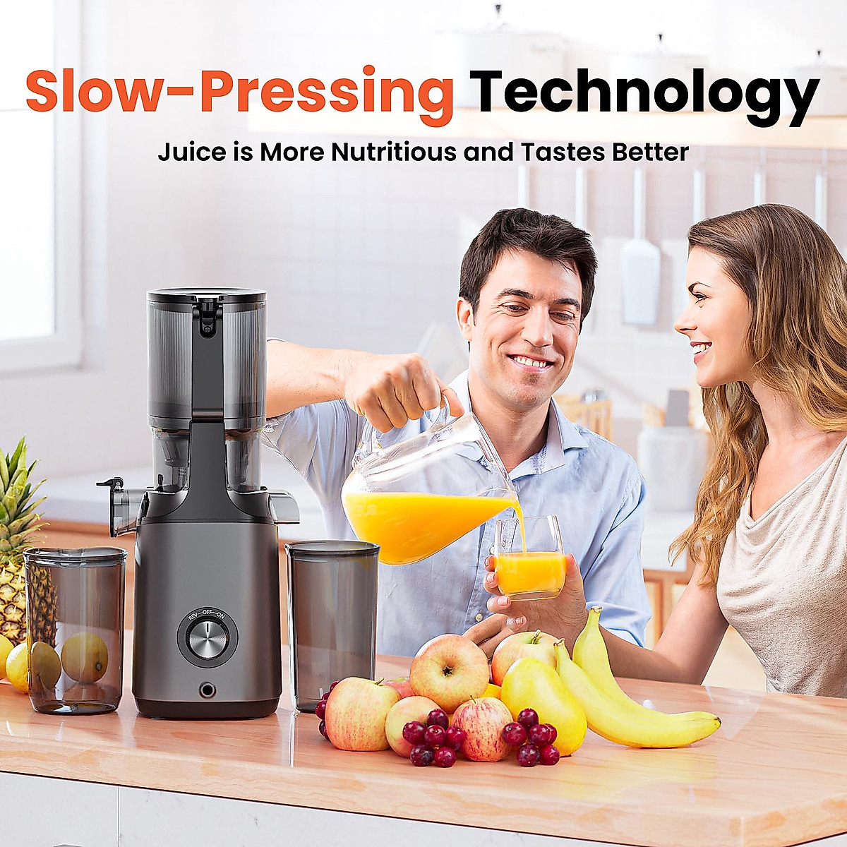 Cold Press Juicer, JoyBear Slow Masticating Machines with 5.3" Extra Large Feed Chute Fit Whole Fruits Vegetables Easy Clean Self Feeding Effortless for Batch Juicing, High Juice Yield, BPA Free 200W