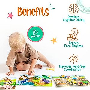 Klevly Large 3 Pk Wooden Toddler Puzzles Ages 2-4 | Wooden Puzzles for Toddlers 1-3 | Montessori Toys for 2 Year Old | Toddler Toys Age 2-4 | Learning Toys for 2+ Year Olds | Educational Toys | STEM