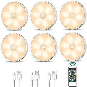 Lightbiz Warm Color LED Closet Lights Wireless Motion Sensor Puck Light, USB Rechargeable Battery Operated Puck Lights with Remote, Dimmer Under Cabinet Counter Lighting for Kitchen, Wardrobe (6 Pack)