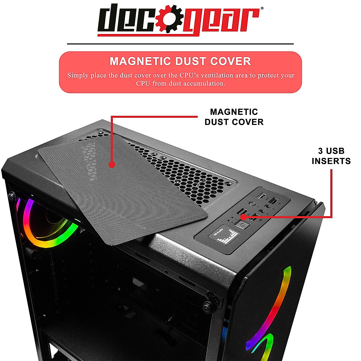 Deco Gear Mid-Tower PC Gaming Computer Case 3-Sided Tempered Glass and LED Lighting - Mini-ITX, Micro-ATX, ATX - Includes 4 120mm Double Ring Fans w/Expansion for More, 7 Expansion Slots, 4 Drives