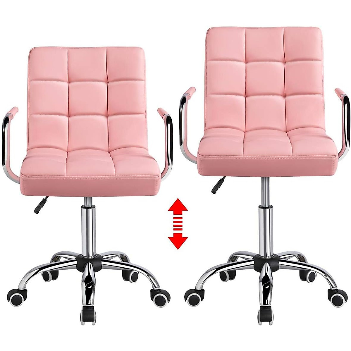 Yaheetech Desk Chairs with Wheels/Armrests Modern PU Leather Office Chair Height Adjustable Home Computer Executive Chair on Wheels 360° Swivel - Pink