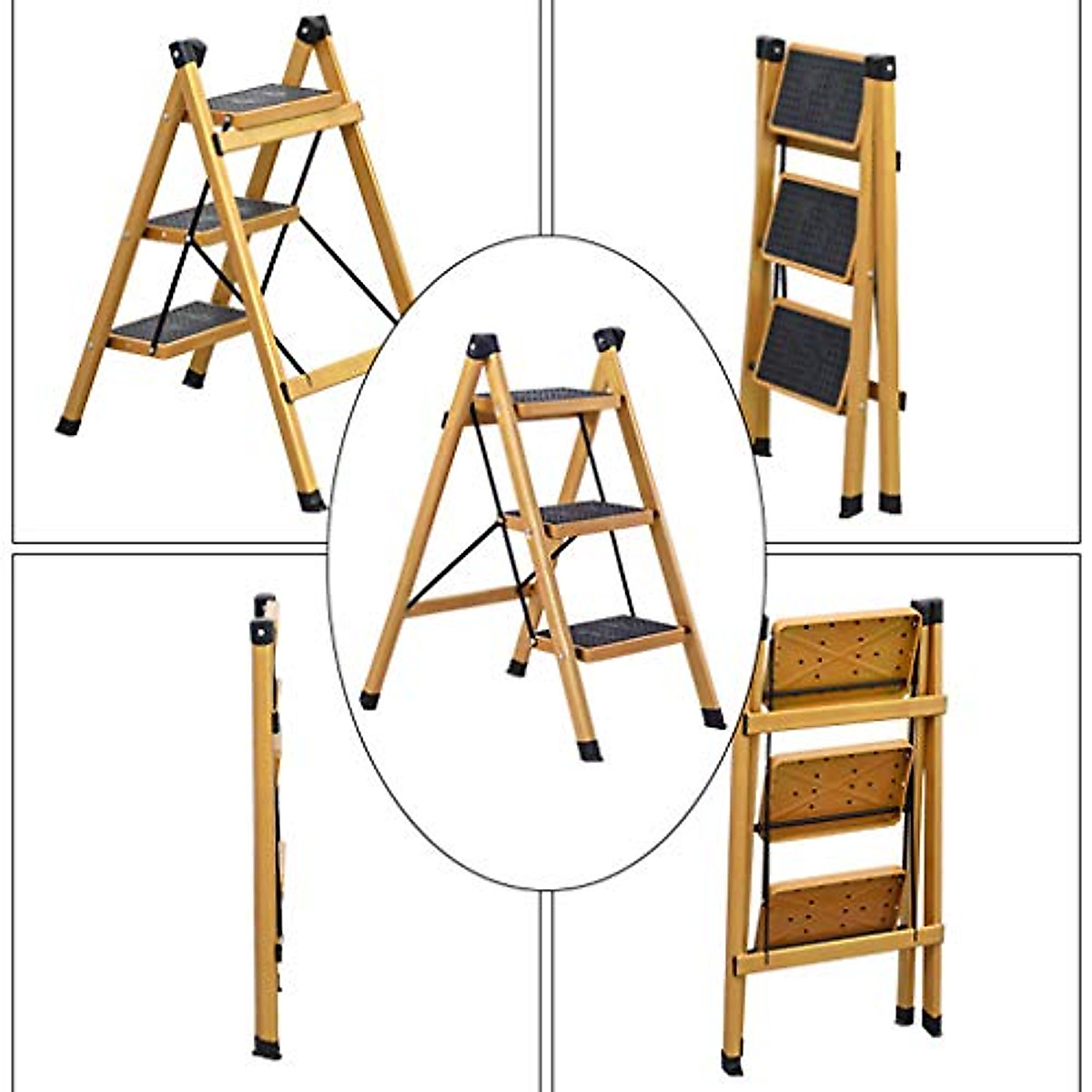 PENGJIE Folding Ladder Step Stool Ladder Stool 3 Step Folding Heavy Duty Steel Portable Anti Slip Mat Tread Compact 150 Kg Capacity