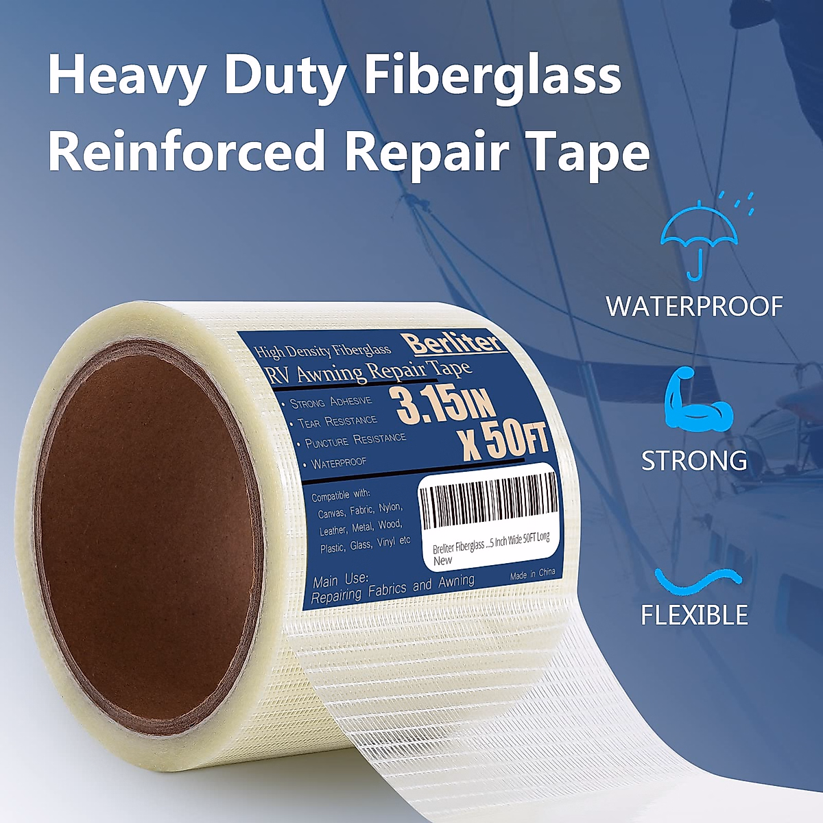 Breliter Fiberglass RV Awning Repair Tape - Repair Tape for Canvas, Tent Repair Tape for Tarp, Boat Covers, Sail, Tear Repair Patch Kit, Heavy Duty and Waterproof - 3.15 Inch Wide 50FT Long