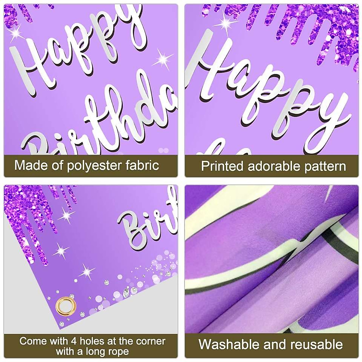Purple Silver Happy Birthday Banner Party Decorations for Women Girls, Purple Happy Birthday Themed Backdrop Party Supplies, 10th 16th 21st 30th 40th 50th 60th Photo Props Sign Decor