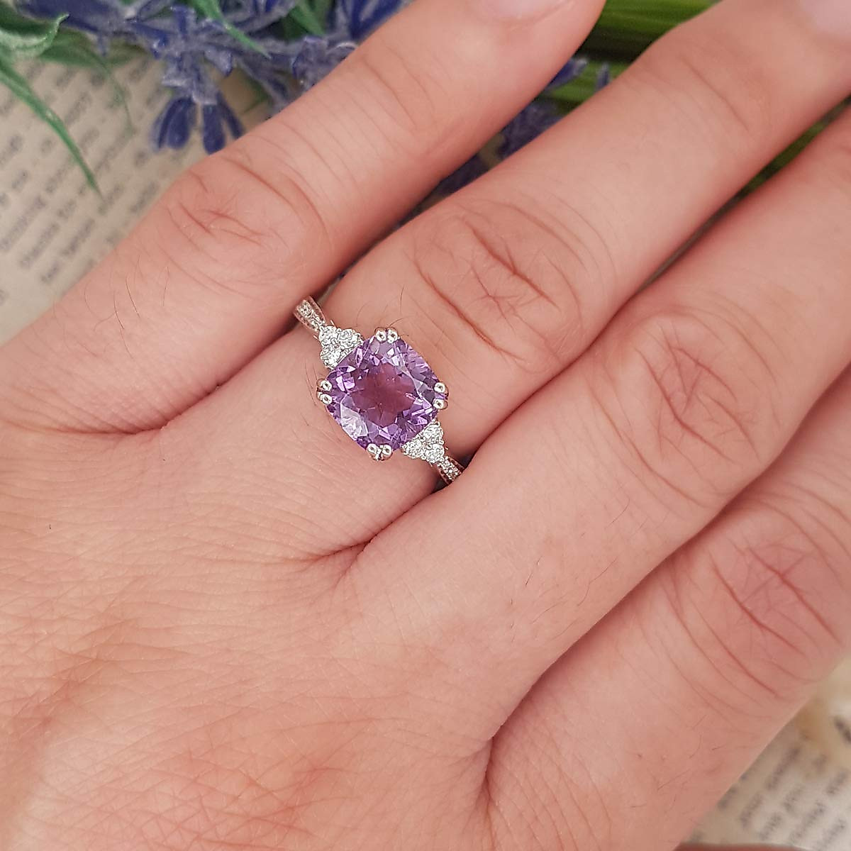 Dazzlingrock Collection 8 MM Cushion Amethyst and Round White Diamond Engagement Ring for Women in 14K White Gold, Size 7