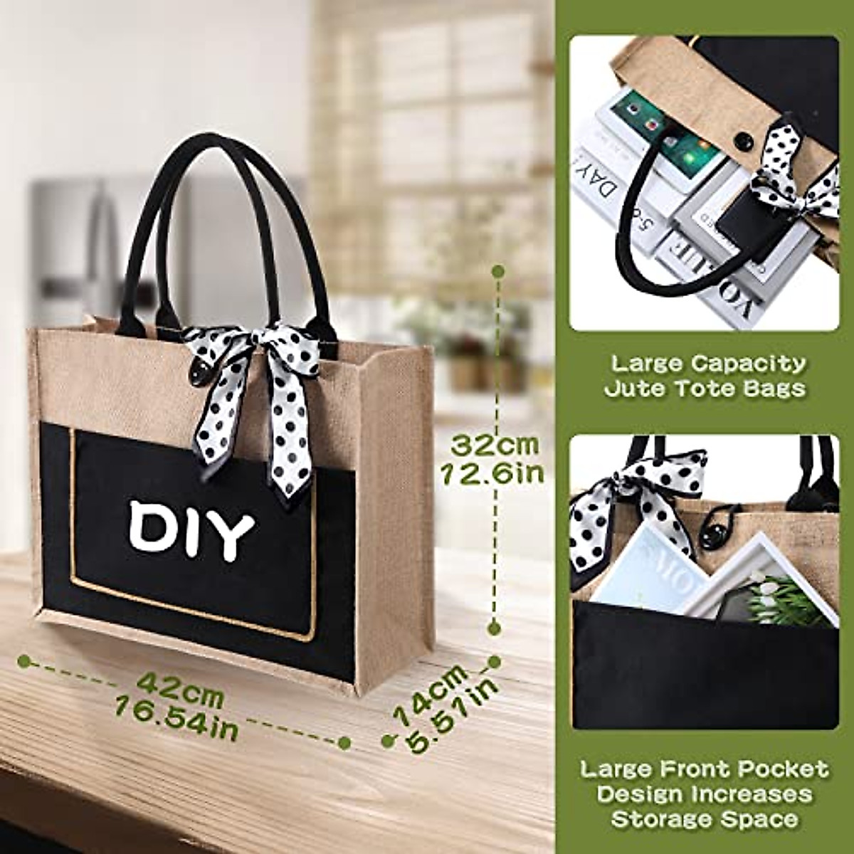 8 Pcs Large Burlap Tote Bags with Handles Jute Bridesmaid Gift Tote with Ribbons and Front Pocket 16.54 x 12.6 x 5.51 Inches Blank DIY Shopping Bags Bulk for Women Beach Wedding Picnic Work Travels