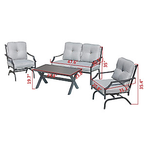 PatioFestival Patio Conversation Set Metal Outdoor Furniture Sets All Weather Cushioned Loveseat & 2 Rocking Chairs & 1 Coffee Table for Poolside Lawn Yard 4pcs
