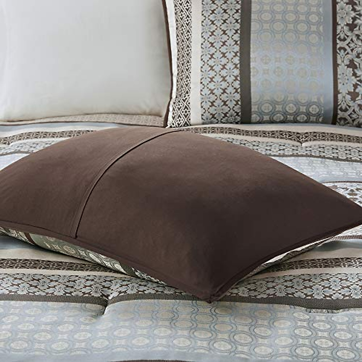 Madison Park Cozy Comforter Set - Luxurious Jaquard Traditional Damask Design, All Season Down Alternative Bedding with Matching Shams, Decorative Pillow Princeton Blue Queen(90"x90") 7 Piece