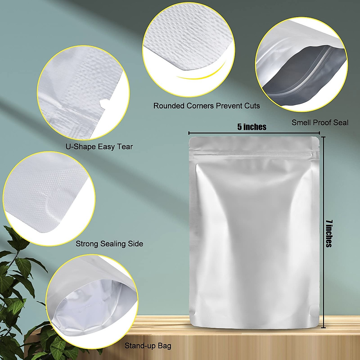 JUZONSA 0.5 Pint Kitchen Storage Bags Fresh Saver Mylar Bags with Labels, Stand Up Mylar Bag Resealable and Heat Sealable for Long Term Food Storage,Thick 4.75 Mil, 5"x7" (50Pack-0.5Pint)