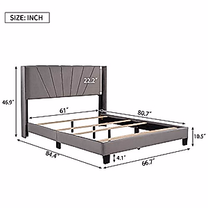 HBRR Queen Size Bed Frame with Velvet Upholstered Headboard, Low Profile Platform Bed with Wood Slats, Fully Upholstered Mattress Foundation, Noise-Free, Easy Assembly, Gray