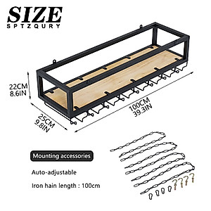 Ceiling Wine Glass Rack - Hanging Wine Rack with Glass Holder and Shelf, Height Adjustable Industrial Hanging Wine Bottle Holder, Black Metal Ceiling Shelf for Bar Cafe Kitchen (39.3×9.8×8.6in)