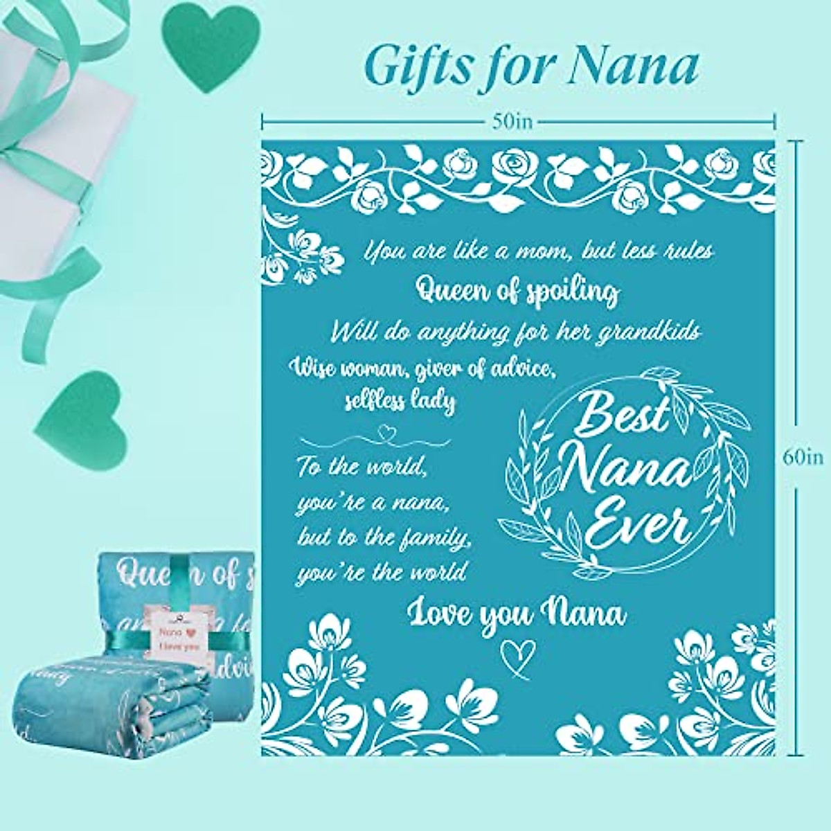 Best Nana Ever Blanket Gift for Nana - Wonderful Blankets for Granny with Thick Double Layered Fleece and Sherpa Blanket Fabric | Wholesome I Love You Nana Gifts from grandchildren Teal 50x60