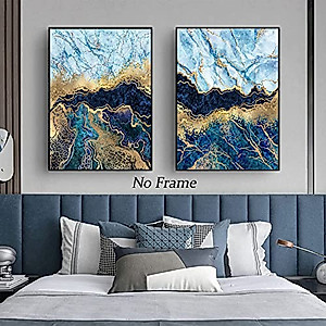 Navy Blue and Gold Marble Wall Art Abstract Marble Modern Trendy Canvas Prints Blue and White Marble Painting Abstract Shaped Artwork Light Blue and Navy Wall Art Abstract Marble 16x24inx3pcs No Frame