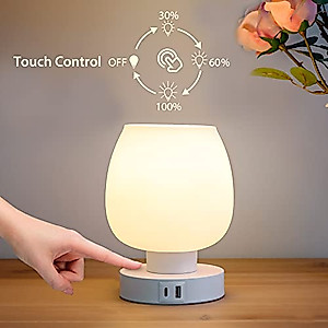 Touch Bedside Table Lamp - Small Lamp for Bedroom with USB C+A Charging Ports 3 Way Dimmable, Nightstand Desk lamp with White Opal Glass Lamp Shade Warm LED Bulb Included, Simple Design Gifts