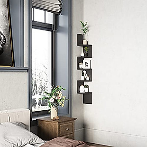 GREENDEW 5-Tier Wall Mount Radial Floating Corner Shelf, Wood Display Storage Shelves for Home Office Decor (Black)