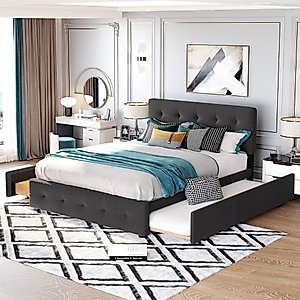 MERITLINE Queen Size Bed with 2 Storage Drawers and a Twin XL Trundle, Upholstered Platform Queen Bed Frame with Tufted Headboard, Linen Fabric, No Box Spring Needed (Dark Gray)