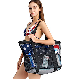 F-color Mesh Beach Bag Family - Beach Tote 9 Pockets Beach Towel Bag, Black