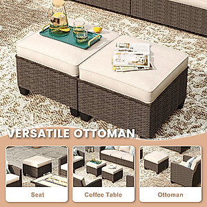 VICLLAX 8 Pieces Wicker Patio Furniture Set with Fire Pit Table 44.8" Metal Top, 3-Seat Sofa, 4 Single Chairs, 2 Ottomans, Outdoor Conversation Set for Garden, Poolside, Backyard, Beige Cushion