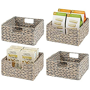 mDesign Woven Hyacinth Storage Bin Basket Organizer with Handles for Organizing Kitchen Pantry, Cabinet, Cupboard, Shelves - Holds Food, Drinks, Snacks - 4 Pack - Gray Wash