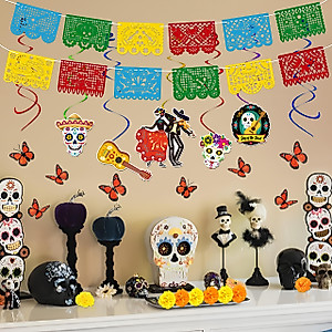 110 PCS Dia De Los Muertos Decorations Set: Day of the Dead Decor Papel Picado Marigold Butterfly Hanging Swirls for Ofrenda Altar