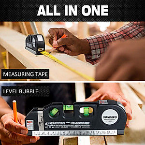 Sondiko Laser Level Tool Kit, Multifunction Laser Leveler for Picture Hanging, Cabinets, Tiles, Measure Tape Standard & Metric Tape Ruler (8ft/2.5M) with Retractable Metal Tripod Stand
