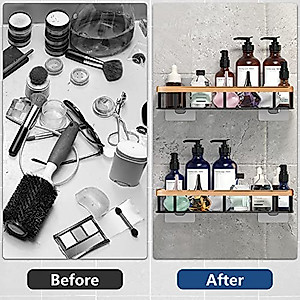 YHANEC 2 Pack Shower Caddy No Drilling Traceless Adhesive Shower Shelves Rustproof Space Aluminium Bathroom Shower Organizer with Hooks for Bathroom, Restroom, Kitchen