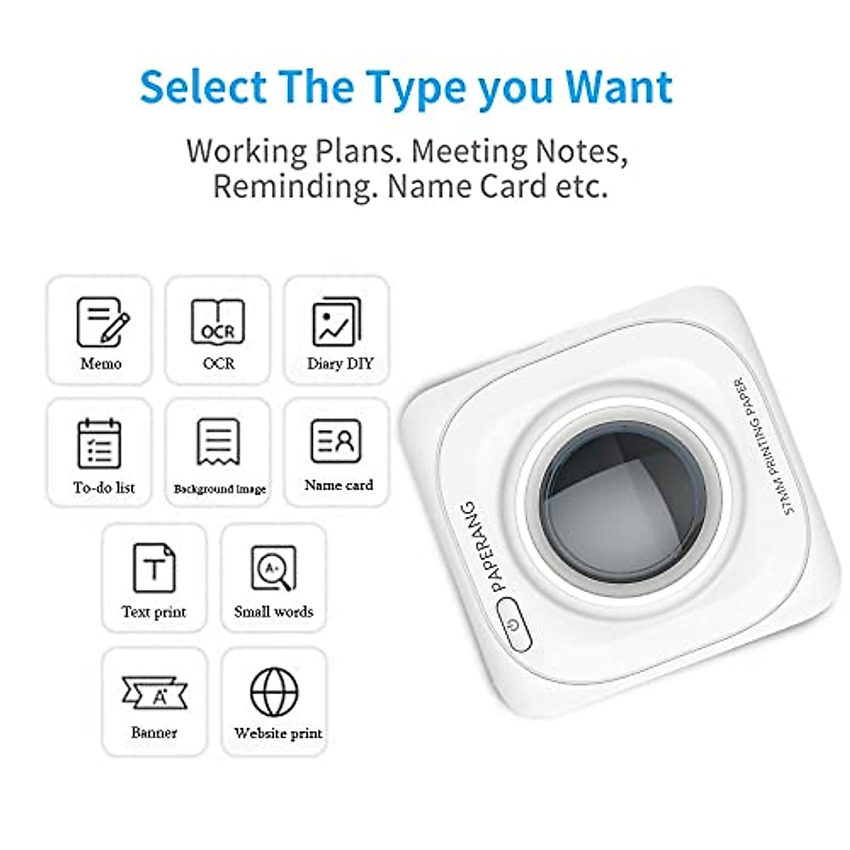 Rano Paperang P1 Small Pocket Thermal Lable Printer Wireless Bluetooth Configuration Inkless Printing (White) , White