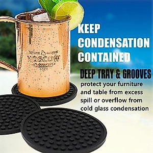ENKORE Coasters For Drinks - Set of 6 with Holder, Black - Protect Furniture From Water Marks or Damage - Deep Tray and Rim Catch Cold Drink Sweat Without Spill, Large 4.3 Inch Size Fit All Cups