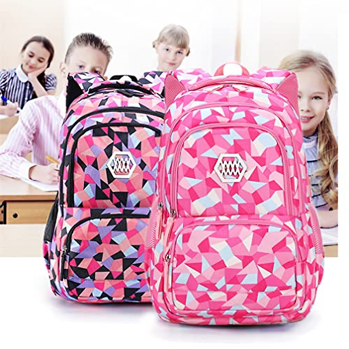 BEFUNIRISE School Backpack Girls Geometric Printed Primary Junior Middle High College Kids Boy Bookbag (Rosy, Large)