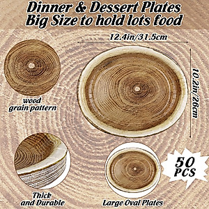 TWOWYHI 50PCS Wood Grain Paper Plates10 x12 Oval Disposable Plates Large Party Paper Plates for Birthday Rustic Party Supplies Dinnerware Plates Garden Farmhouse Plate Tableware Decor