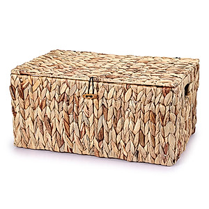 Hipiwe Wicker Storage Bins with Lid, X-Large Handwoven Water Hyacinth Wicker Baskets Rectangular Decorative Shelf Baskets Bin Built-in Handles Household Basket Boxes for Shelf Home Organizing
