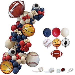 MYDECORBL 167 Pcs Ball Theme Balloon Arch Garland Kit Navy Blue Matte Red Natural Sand Balloons Ball Foil Balloons for Sports Theme Party Games Garden Theme Party Celebration Party Father's Day