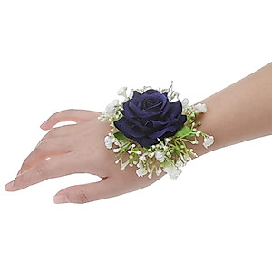 Corsage and Boutonniere Set,2PCS Artificial Rose Wrist Corsage Wristlet,for Wedding Bridal Bridesmaid Wrist Corsage Corsage Ball Decoration (Dark Blue)