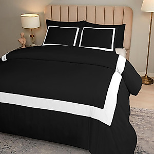 High Kotton 5 Piece Luxury Full Black and White Border Line Pattern Duvet Cover Zipper Closer & Corner Ties 1000 TC, 100% Egyptian Cotton - (Super King-Size)