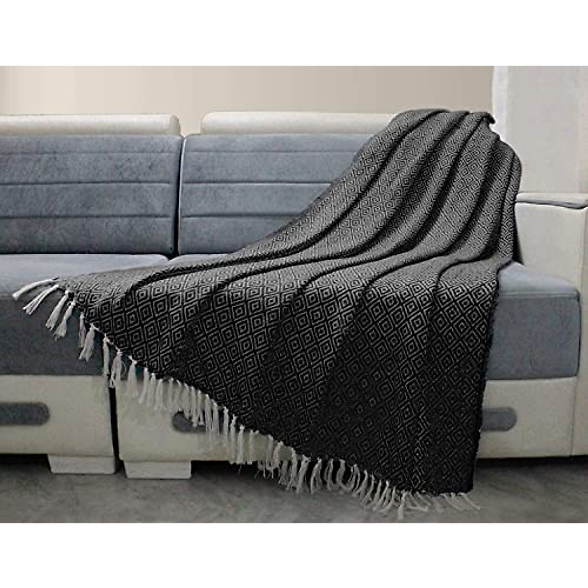 Black Throw Blanket Woven Country Rustic 100% Cotton Luxury Quality Sofa Couch Bed Throws Mini Diamond 50 x 60 Inches