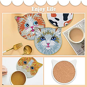 MVVMTOP 6 Pcs Diamond Painting Coasters with Dimensional Holder, DIY Non-Slip Cat Coaster Diamond Art Kits for Beginners, Kids and Adults Craft Supplies