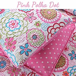 Cozy Line Home Fashions Pink Floral Polka Dot Colorful Reversible Quilt Bedding Set, Coverlet, Bedspreads for Girls (Mariah, Twin - 2 Piece)