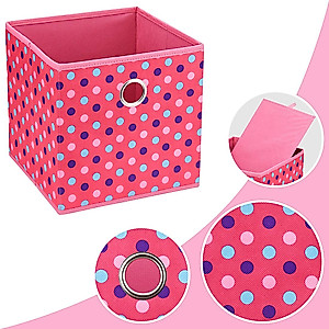 i BKGOO Foldable Storage Cube Drawer Bins Set of 4 Collapsible Fabric Storage Boxes with Round Metal Grommets for Organizing Shelf Nursery Home Closet Dots Pink 10x10x10 inch