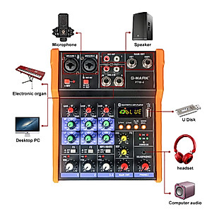 G-MARK PTM-4 4-Channel DJ Mixer, Bluetooth, USB Audio Interface, 3-Band EQ, Phantom Power, for PC, Karaoke, Live Performance, KTV, Studio Recording