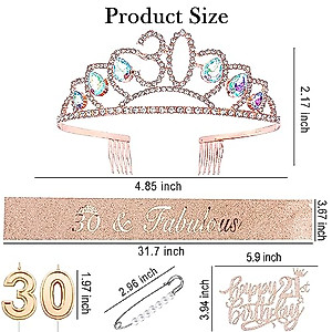 30th Birthday Decorations for Girls, Rose Gold Sweet Rhinestone Tiara Crown, Happy Birthday Cake Toppers, Birthday Queen Sash with Pearl Pin, Number Candles