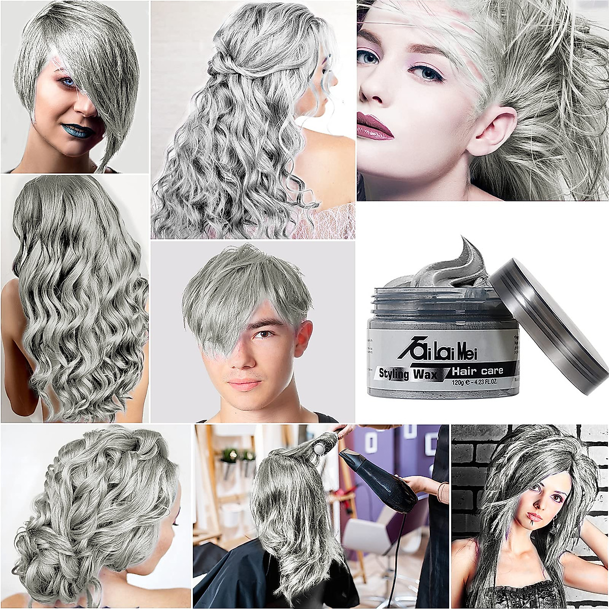 Temporary Silver Gray Hair Wax 4.23oz, Instant Hairstyle Mud Cream, Hair Pomades for Party, Cosplay, Nightclub, Masquerade, Halloween.