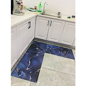 C's Blue Marble 2 Pieces Waterproof Non Slip Kitchen Rug Set PVC Leather Anti Fatigue Kitchen Floor Mat for Kitchen Laundry Decor17 x47 + 17"x30" Blue Marble