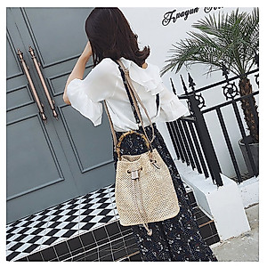 QZUnique Straw Bucket Bags for Women Top Handle Drawstring Woven Handbag Shoulder Bag Summer Beach Purses with Bamboo Handle