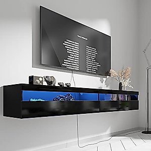ANTISTA Floating TV Stand Up to 80 Inch TVS, 70'' Floating Entertainment Center with Led Lights, High Gloss Floating TV Shelf for Living Room Bedroom, 29 Scene Modes (Black)